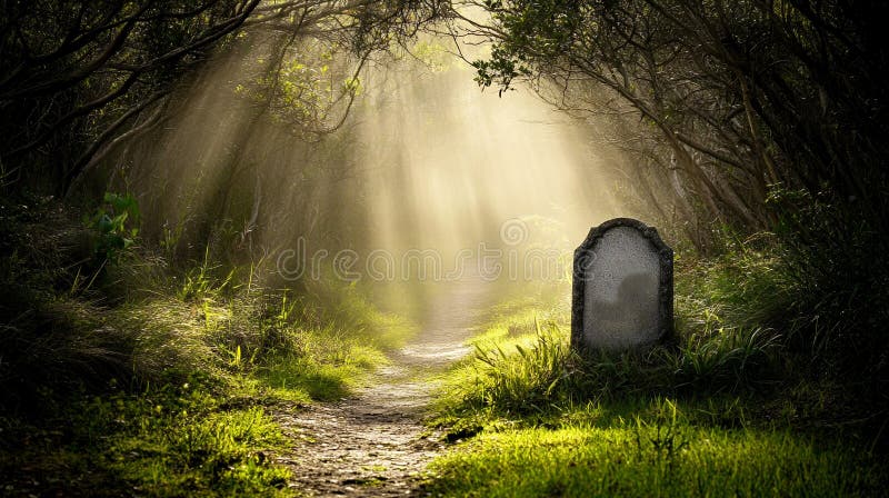 A Gravestone Stands beside a Sunlit Path through a Dense Forest with ...