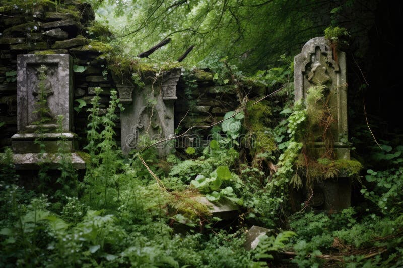 Gravestones in an Overgrown Cemetery with a Crumbling Stone Wall Stock ...