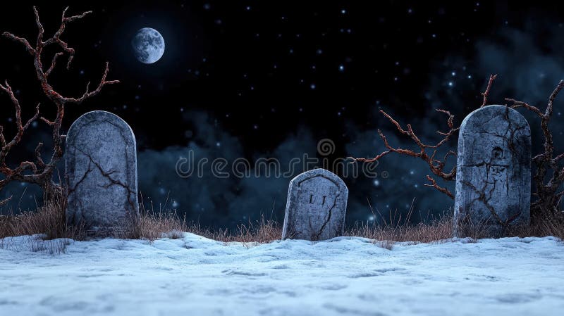 Gravestones in a Snowy Graveyard Under a Full Moon and Night Sky Stock ...