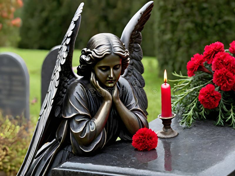 Stone Statue of a Sad Angel on the Grave Stock Image - Image of light ...