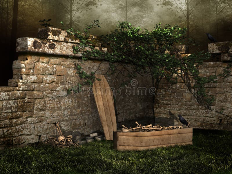 Graveyard with Bones and Skulls Stock Illustration - Illustration of ...