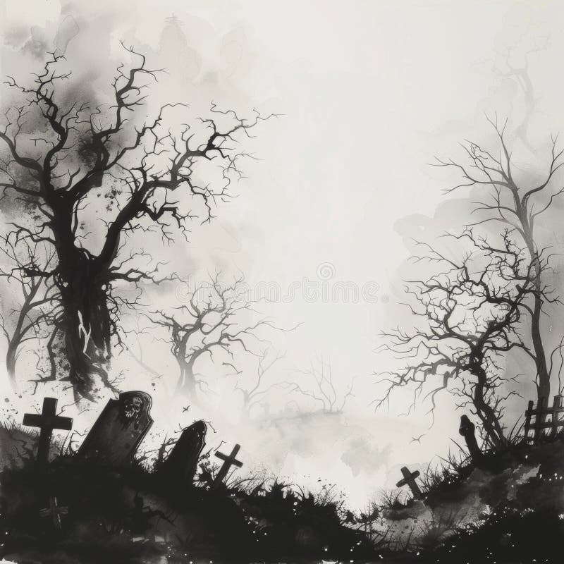 Graveyard Border with Spooky Trees and Fog Stock Illustration ...