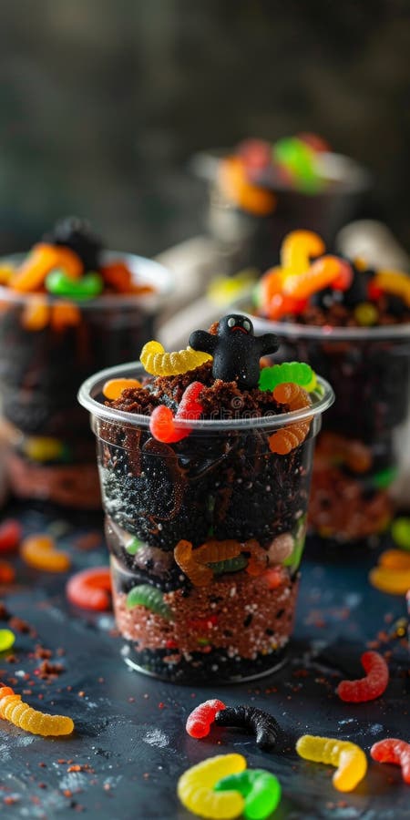 Graveyard Dirt Pudding Cups with Gummy Worms Stock Illustration ...