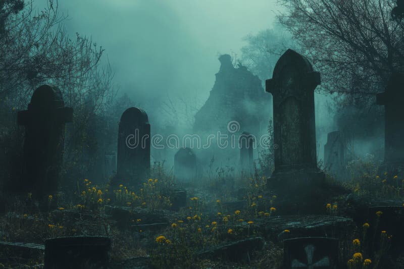 Graveyard with Fog and Tombstones Stock Illustration - Illustration of ...