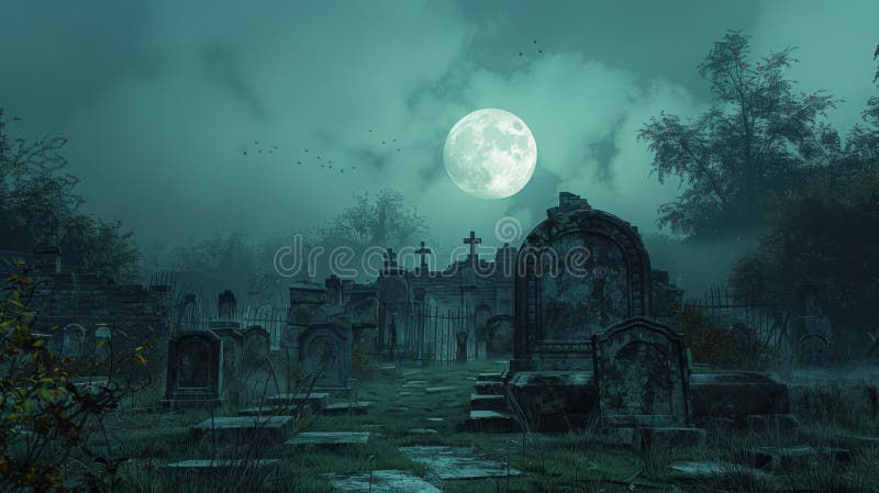 A Graveyard with a Large Moon in the Sky Stock Image - Image of fantasy ...
