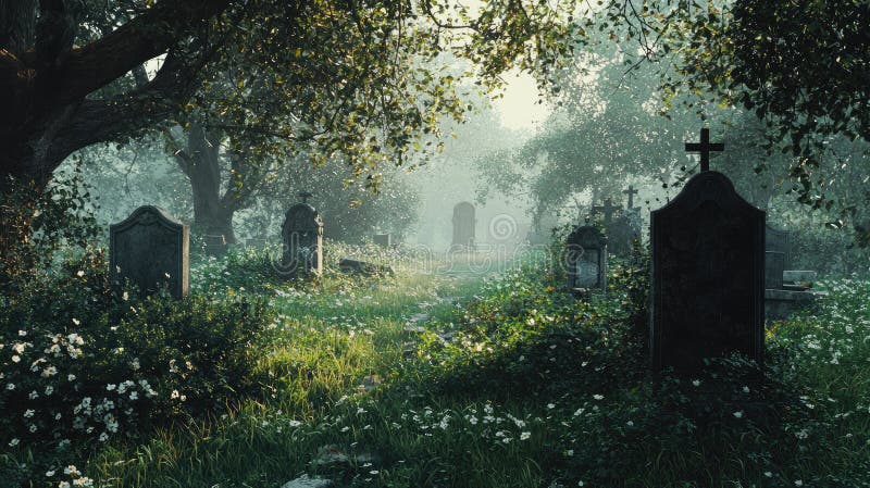 A Misty Cemetery with Tall Trees and Crosses on the Graves Stock Image ...