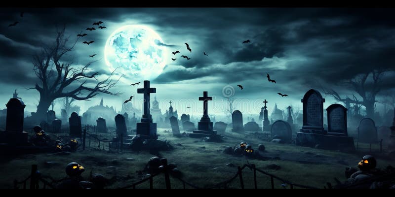 Graveyard at Night Spooky Cemetery with Moon in Cloudy Sky and Bats ...