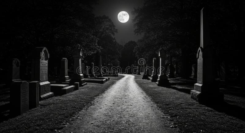 Graveyard Path Under a Full Moon at Night Stock Image - Image of ...