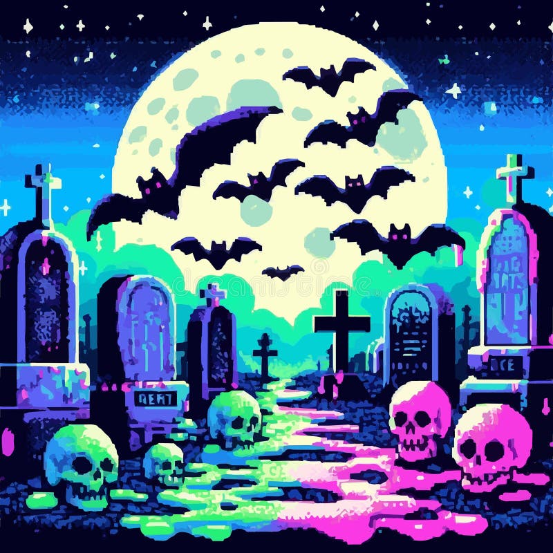Cemetery Graveyard in Pixel Art Background Stock Vector - Illustration ...