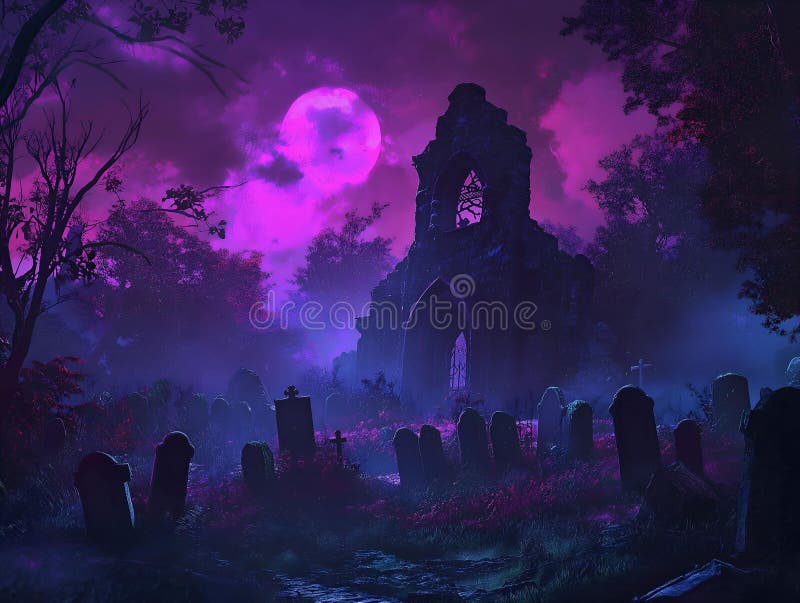 Graveyard, Purple and Pink Moon, Gothic Ruins, Night Scene Stock ...
