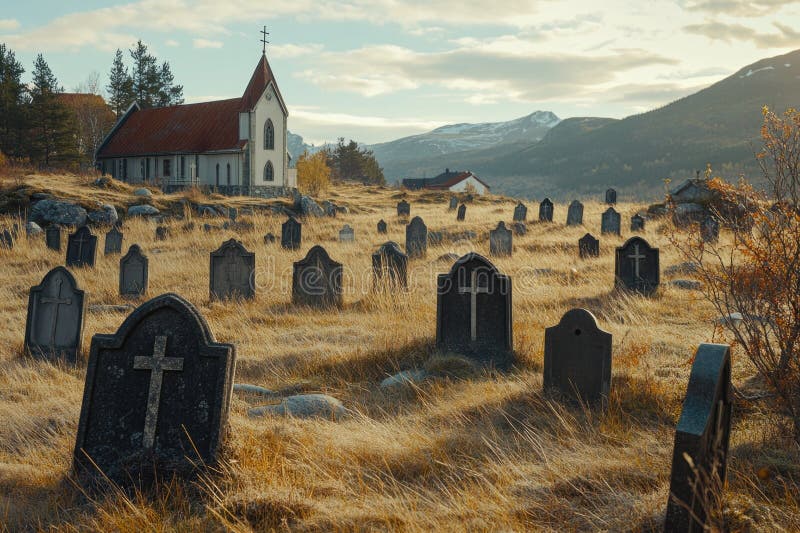 Graveyard Scene with a Church Visible in the Background Stock Photo ...