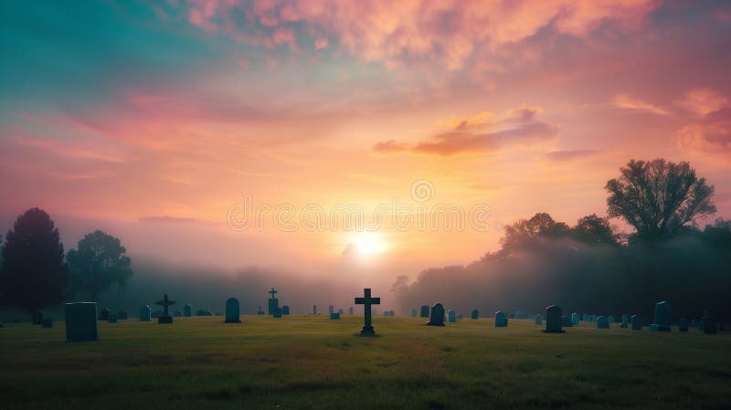 Graveyard Scene at Sunset, a Metaphor for Coping with Loss, Surrounded ...