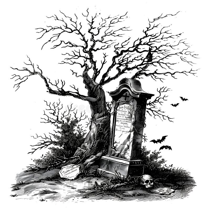 A Graveyard Scene with a Tombstone and a Tree Stock Illustration ...