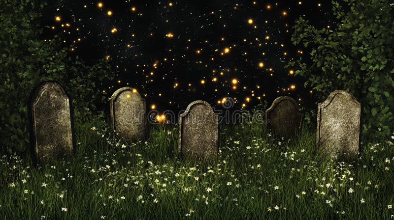 A Graveyard Scene with Tombstones Surrounded by Grass and Flowers Under ...