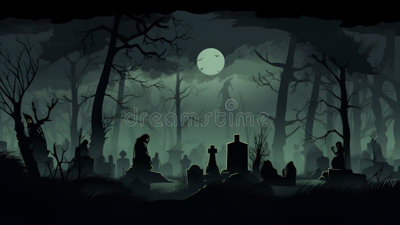 Graveyard in the Spooky Night. Spooky Cemetery with Moon in Cloudy Sky ...