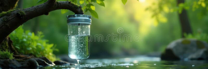 Gravity Fed Water Filter Suspended from Tree Branch, Clear Water Drips ...