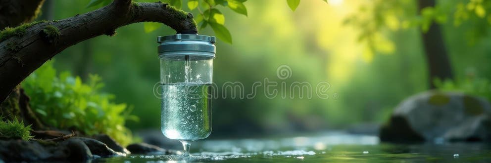 Gravity Fed Water Filter Suspended from Tree Branch, Clear Water Drips ...