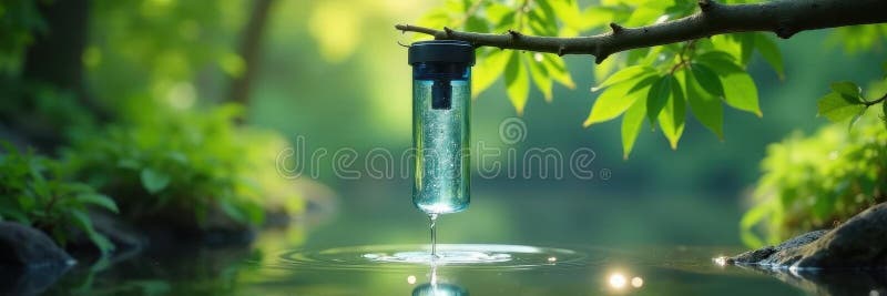Gravity Fed Water Filter Suspended from Tree Branch, Clear Water Drips ...
