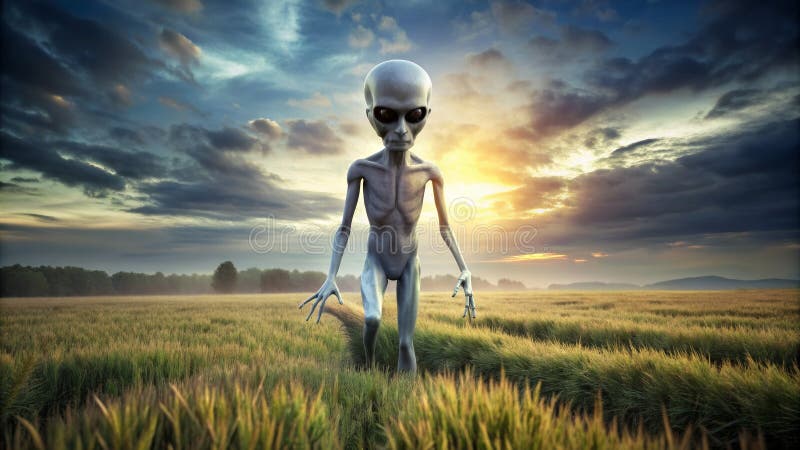 Gray Alien Walking through a Field at Sunset, Digital Art, Sci-Fi ...