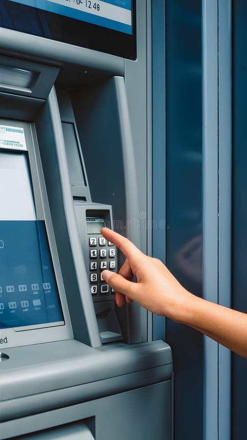 Gray ATM with Hand Entering PIN, Keypad 0 9, Transaction Details on ...