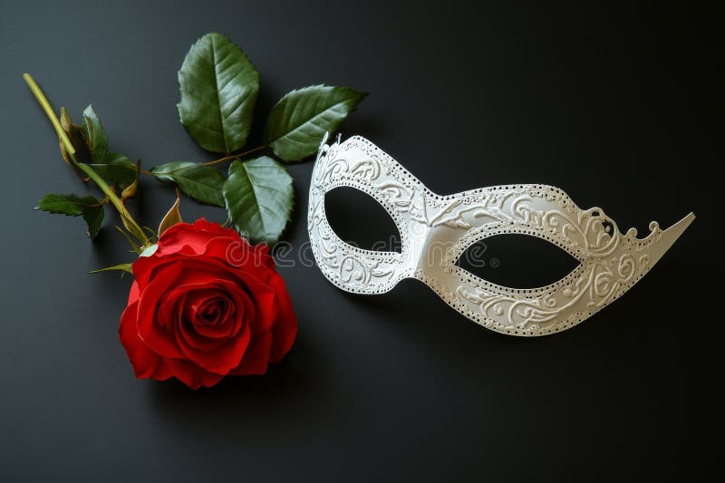 A Gray Background Featuring a White Carnival Mask and a Rose Stock ...