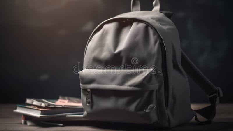 Gray Backpack with Books and Stationery on Table Stock Image - Image of ...