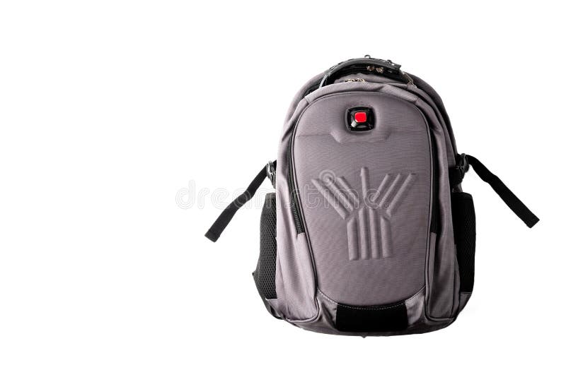 Gray Backpack Standing Isolated on White Background Stock Image - Image ...