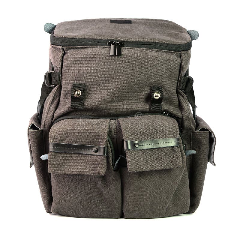 Gray Backpack Standing Isolated on White Background Stock Image - Image ...