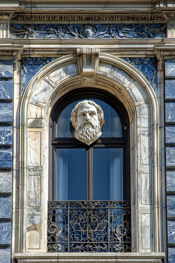 A Gray-beige Wall Supports an Arched, Bas-relief Window with a Figured ...