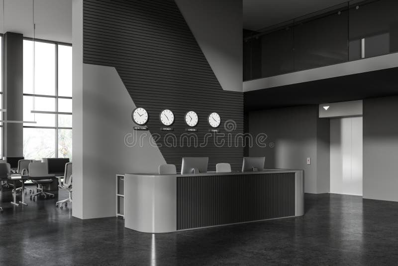 Gray and Black Office Hall Interior with Reception and Elevator Stock ...