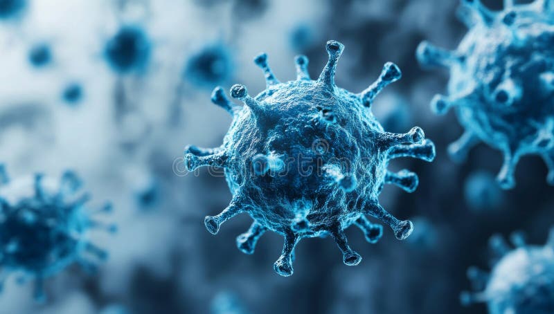 In a Gray and Blue Background, a Microscopic View of Spiky Microbes is ...