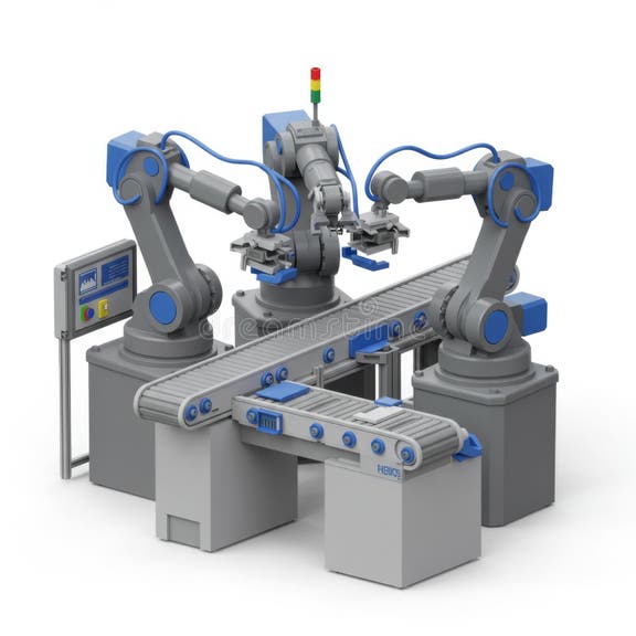 Gray and Blue Industrial Robots on an Assembly Line Stock Illustration ...