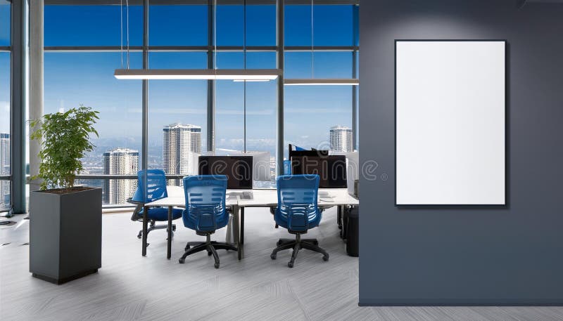 Gray and Blue Open Space Office with Poster Stock Illustration ...