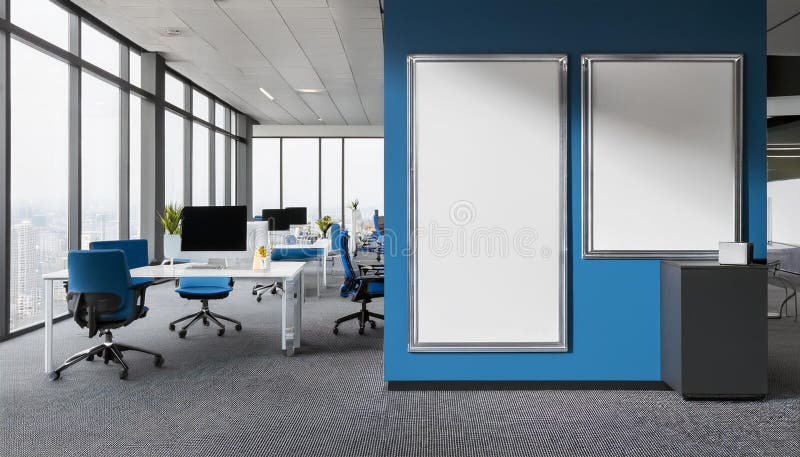 Gray and Blue Open Space Office with Poster Stock Illustration ...