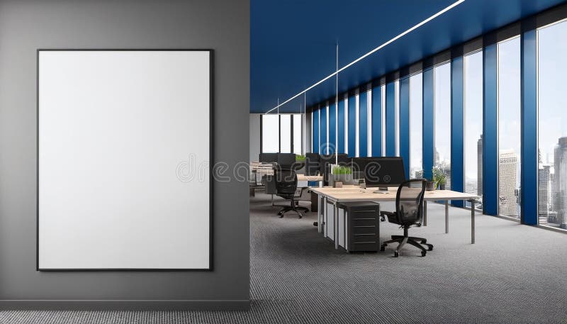 Gray and Blue Open Space Office with Poster Stock Illustration ...