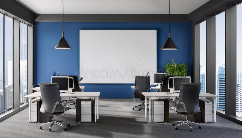 Gray and Blue Open Space Office with Poster Stock Illustration ...