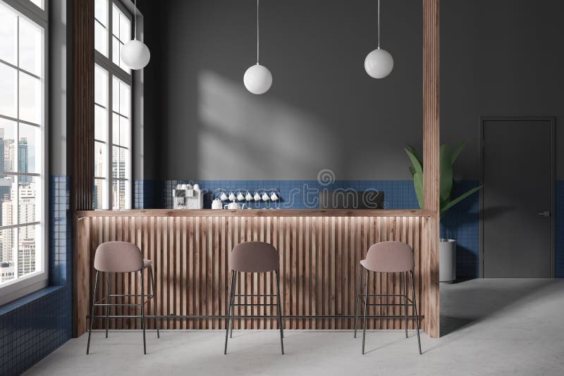 Gray and Blue Tile Coffee Shop Interior with Bar Stock Illustration ...