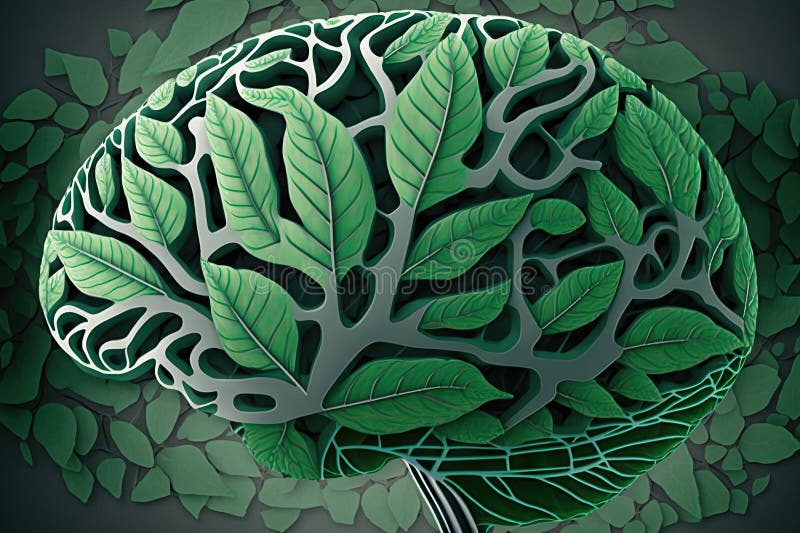 Gray Brain Structure Pattern with Veins Green Leaves and Branches in ...
