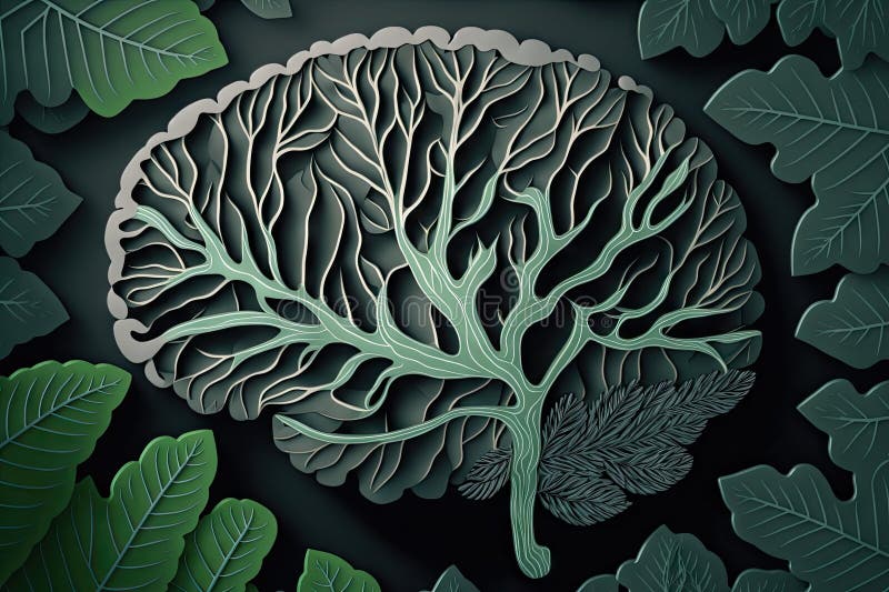 Gray Brain Structure Pattern with Veins Green Leaves and Branches in ...