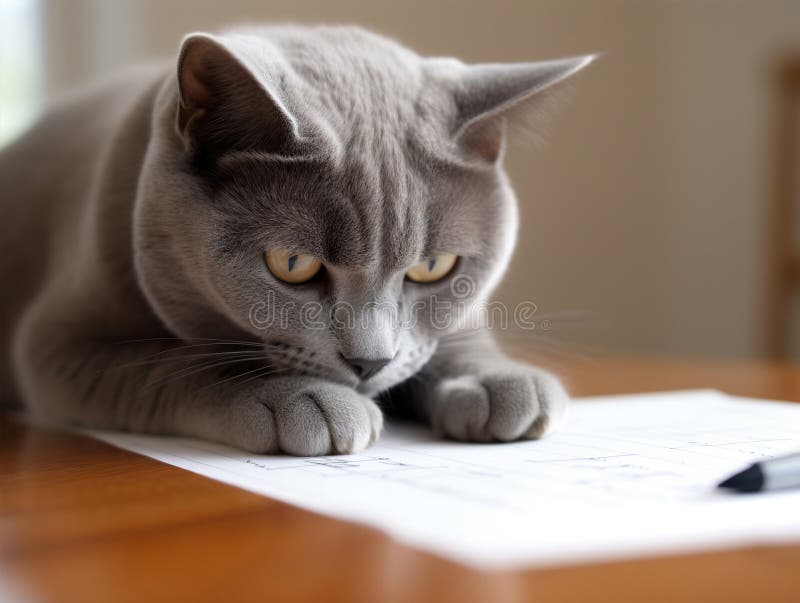 A Gray British Cat is Intently Peering at Some Paper Document on the ...