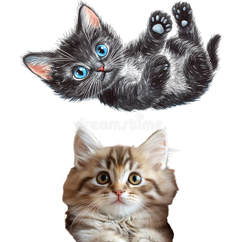 Gray British Fluffy Kitten Lying on His Back (isolated on White Stock ...