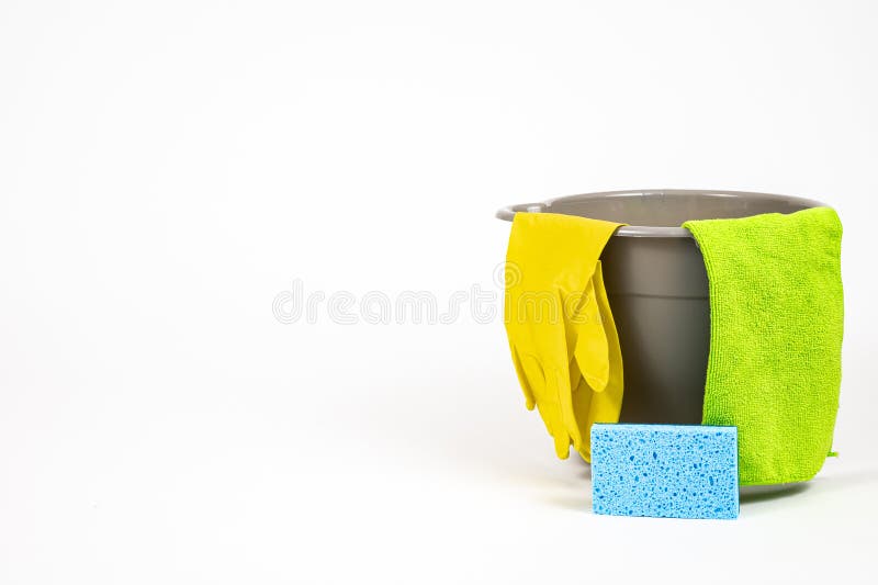 Gray Bucket with Yellow Sponge Stock Image - Image of housekeeping ...