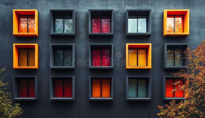 Gray Building Facade, Multiple Square Windows with Colorful Interiors ...