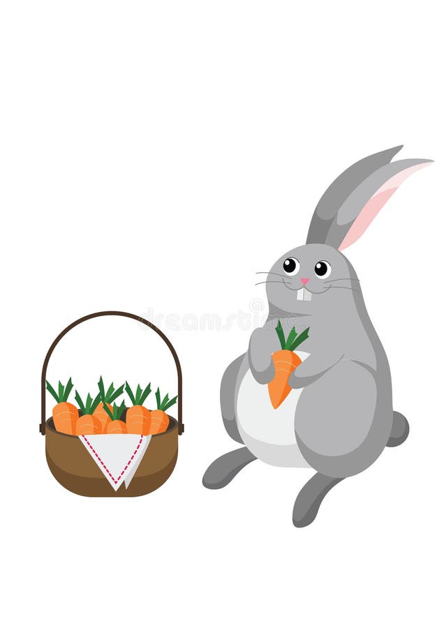 Gray Bunny Rabbit with Basket Full of Carrots. Stock Vector ...