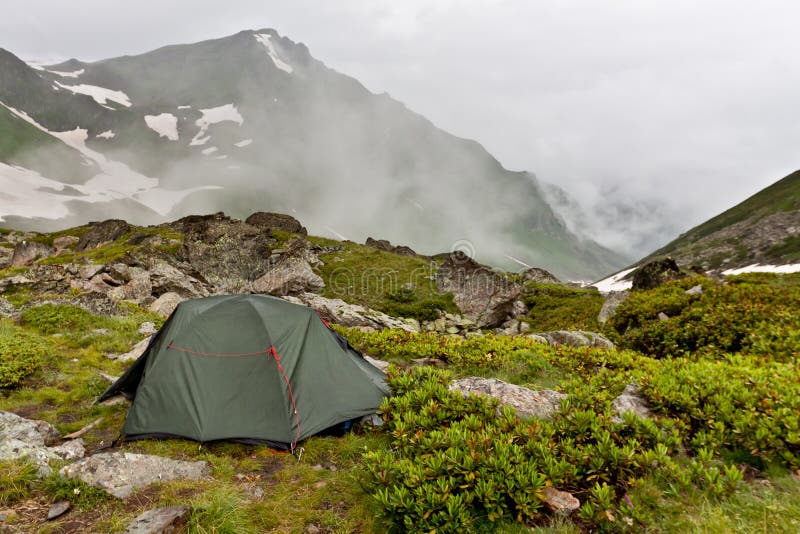 Gray Camping Tent in Mountains. Stock Image - Image of environment ...
