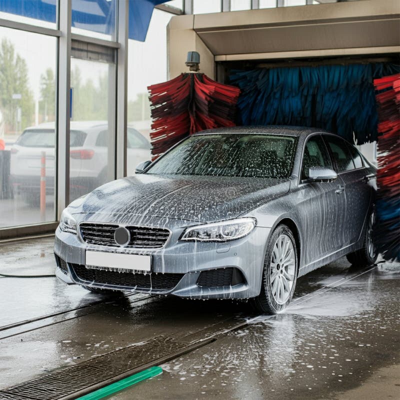 A Gray Car is Being Washed with Pressurized Water, Foam and Brush in an ...