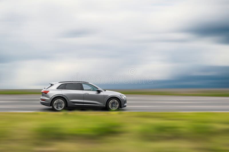 Gray Car in Motion, Speed Blurred Background, Side View of Moving Car ...