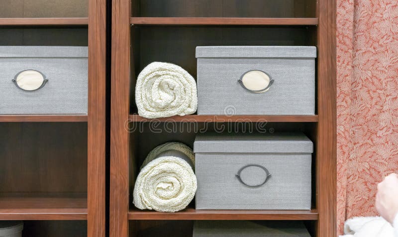 Gray Cardboard Boxes for Storage of Things Stock Image - Image of shelf ...