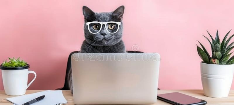 Gray Cat with Glasses Working Remotely on Laptop Computer As Boss ...