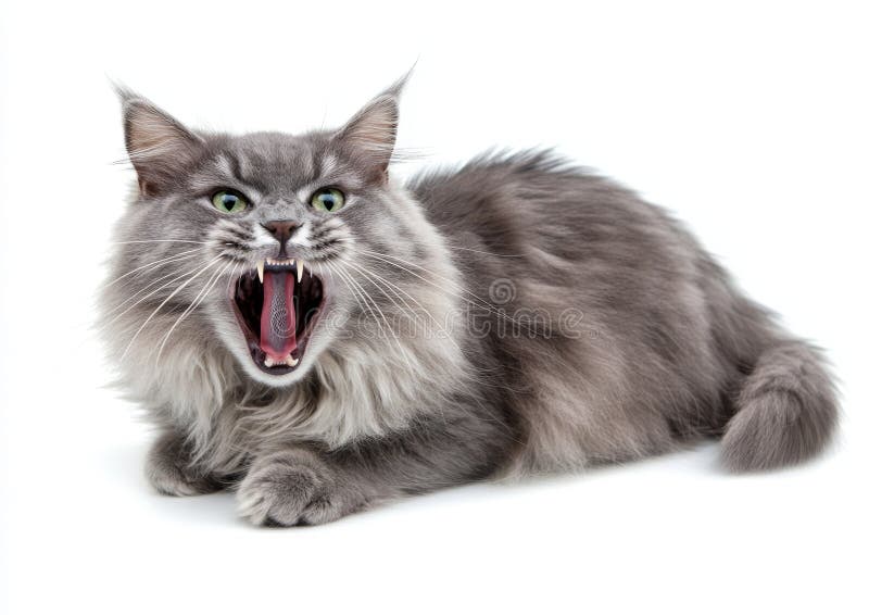 A Gray Cat Looks Up, Meowing and Mouth Wide Open Stock Photo - Image of ...